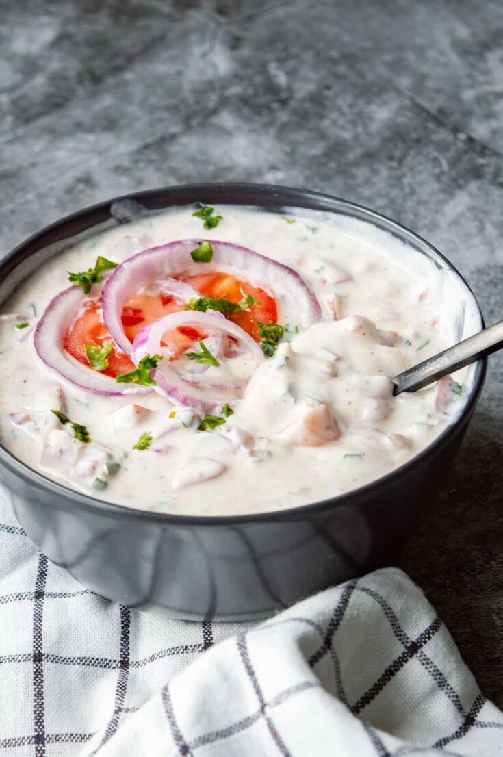 Easy Onion Tomato Raita in 5 minutes! - The Fiery Vegetarian